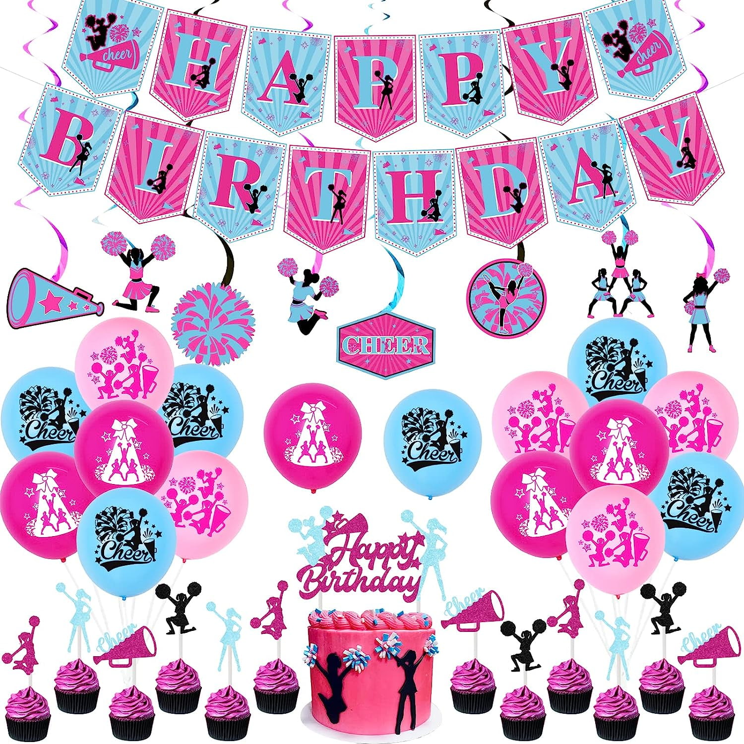 Cheerleading Birthday Party Decorations for Girls Hot Pink Blue, Happy ...