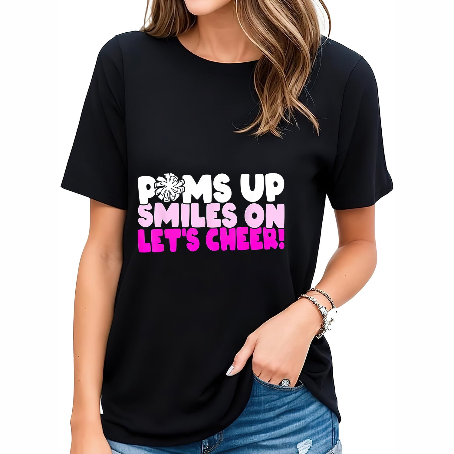 Cheerleading Cheerleader Girl Poms Up Smiles On Let's Cheer T-Shirt ...