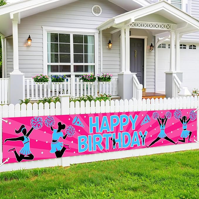 Cheerleading Happy Birthday Sign Yard Banner - Pink Blue Cheerleader ...