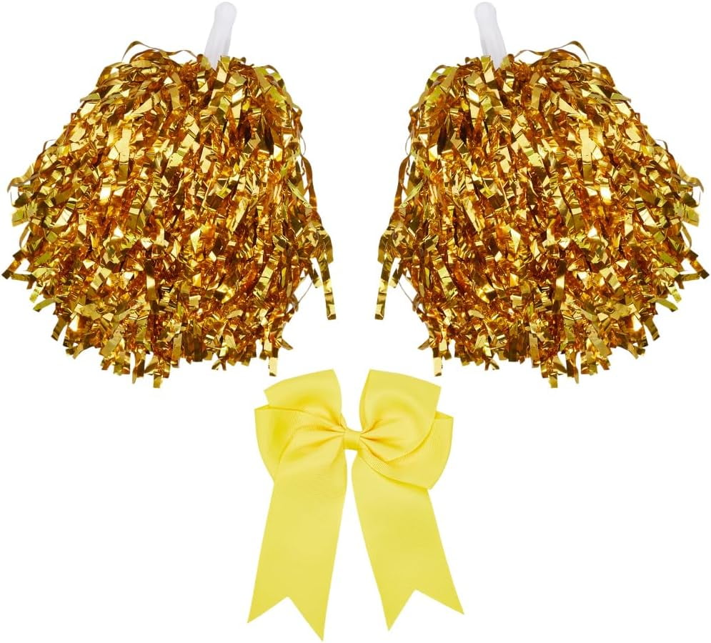 Cheerleading Pom Poms and Large Cheerleader Hair Bow Metallic Foil ...