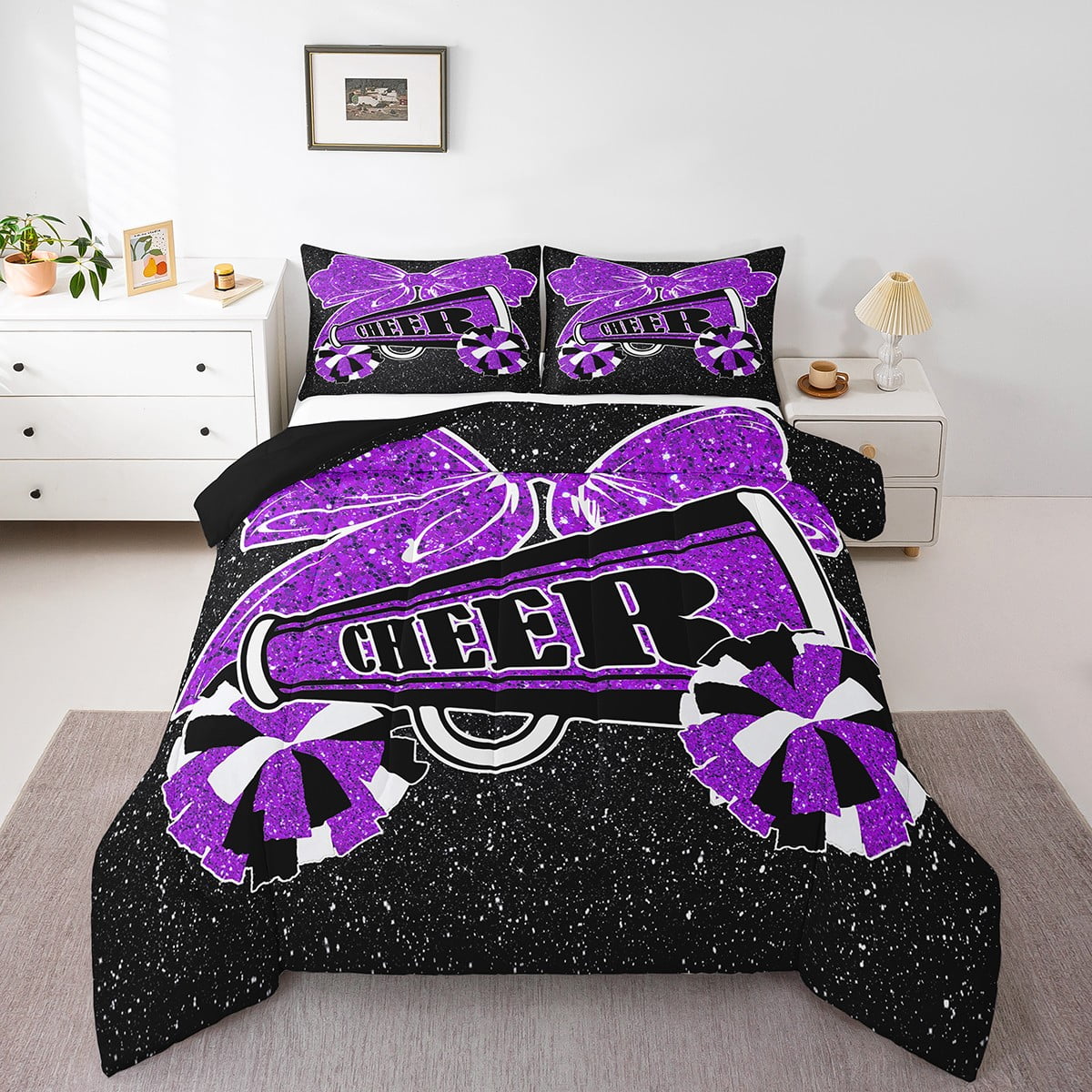 Cheerleading Bedding Sets Purple Bow Comforter Set, Glitter Sequin ...