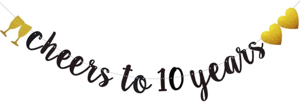Cheers to 10 Years Banner, Pre-Strung, Black Glitter Paper Banner for ...