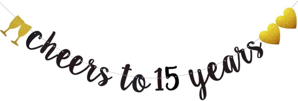 Cheers to 15 Years Banner, Pre-Strung, Black Glitter Paper Banner for ...