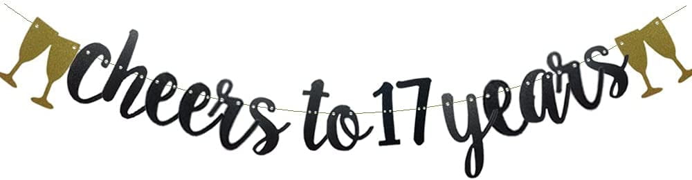 Cheers To 17 Years Banner,, Black Paper Glitter Party Decorations For ...