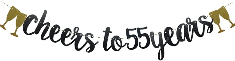 Cheers To 55 Years Banner,, Black Paper Glitter Party Decorations For ...