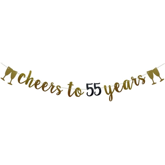 Cheers To 55 Years Banner,Pre-Strung, Gold And Black Glitter Paper ...