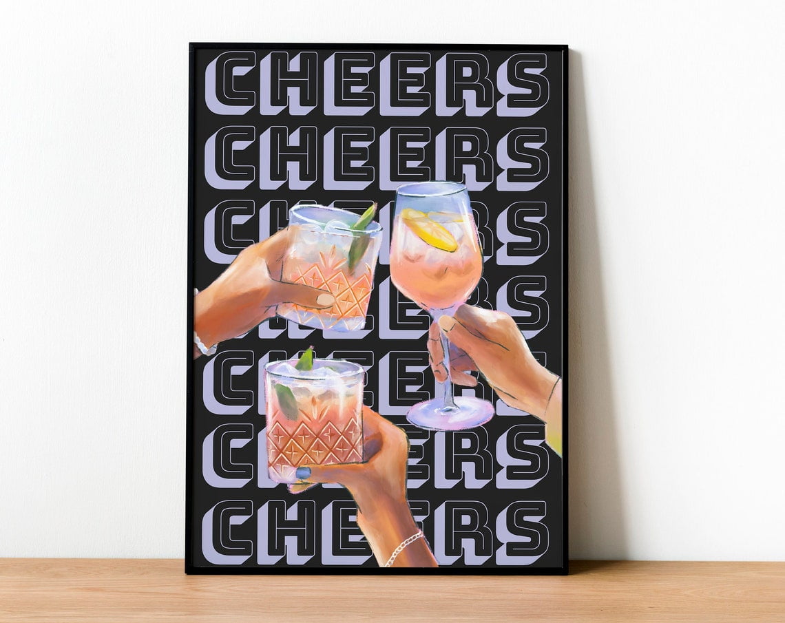 Cheers Bar Cart Poster Wall Art, Retro Bar Poster, Bar Print, Cheers ...
