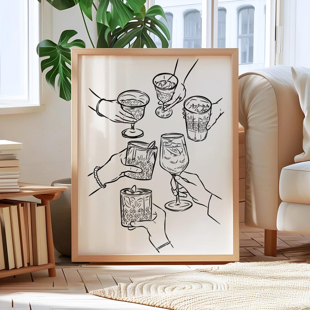Cheers Celebration Wall Art Modern Hand-Drawn Drink Illustration Print ...