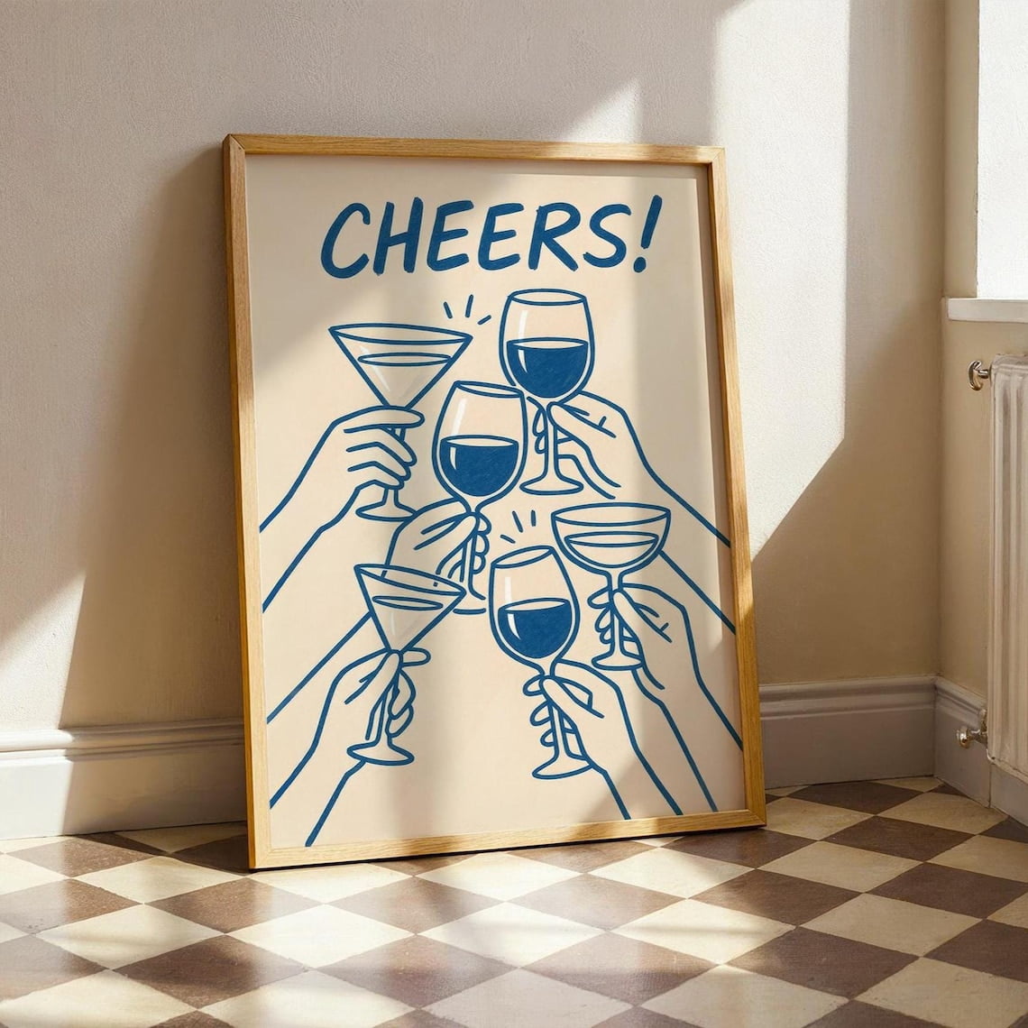 Cheers Cocktail Blue Line Art Modern Bar Decor French Eclectic Kitchen ...