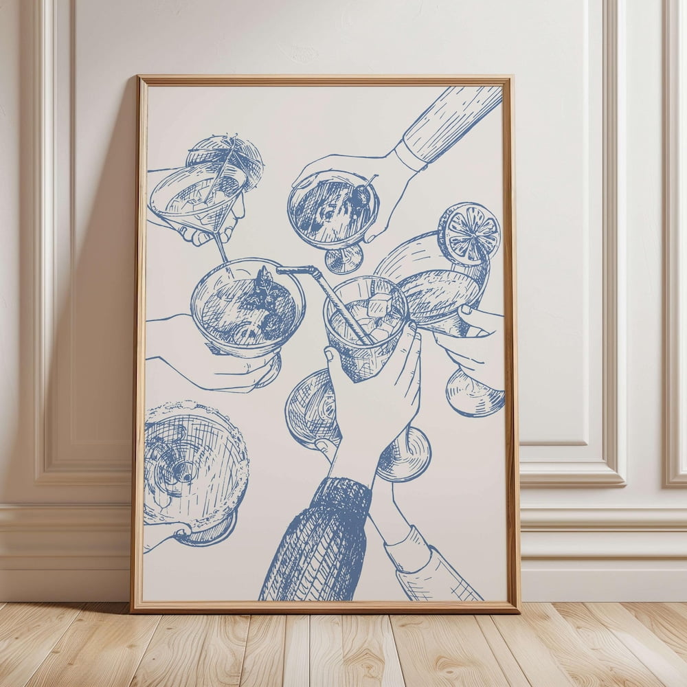 Cheers Cocktail Print, Blue Bar Cart Wall Art, Retro Kitchen Wall Art ...