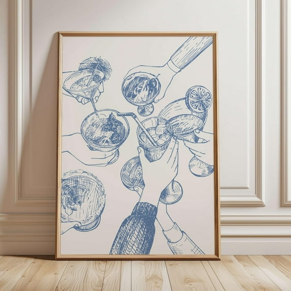 Cheers Cocktail Print, Blue Bar Cart Wall Art, Retro Kitchen Wall Art ...