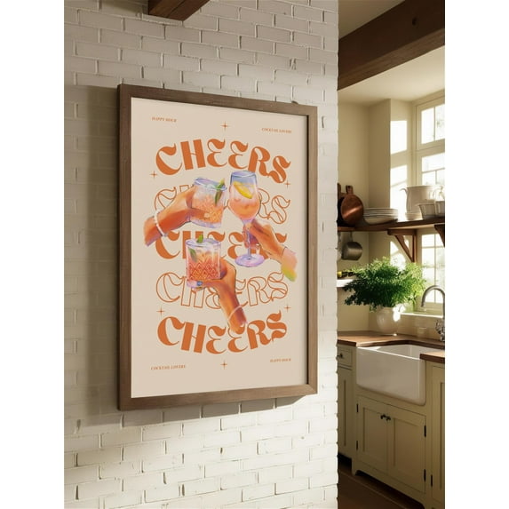Cheers Cocktail Wall Art, Modern Happy Hour Kitchen Bar Decor, Orange Retro Bar Cart Party Print ...