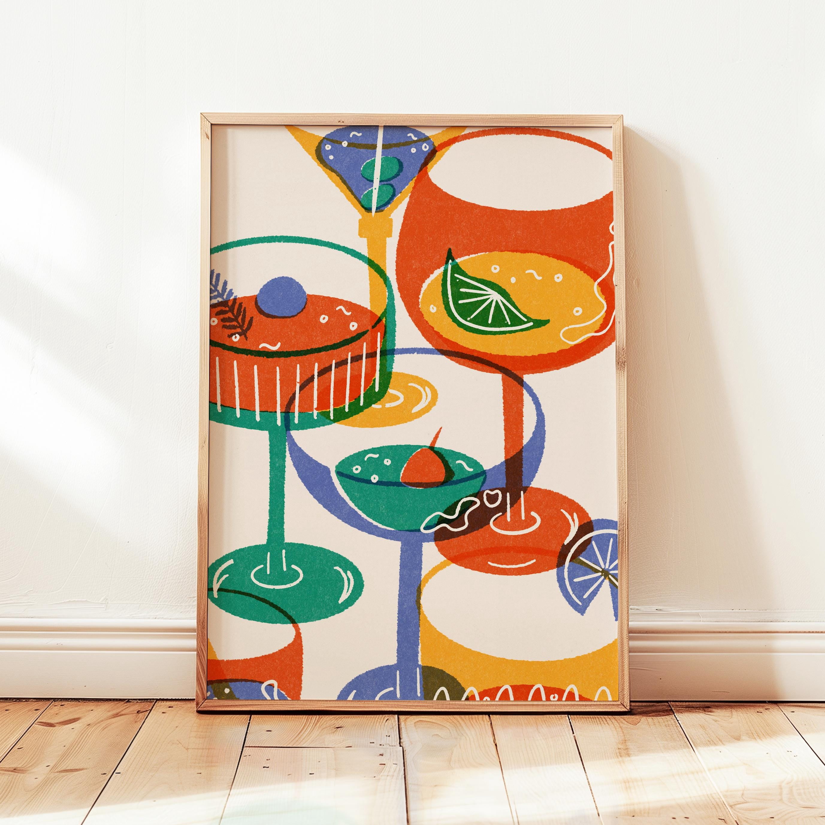 Cheers Drinks Print, Retro Colorful Bar Cart Poster, Funky Happy Hour ...
