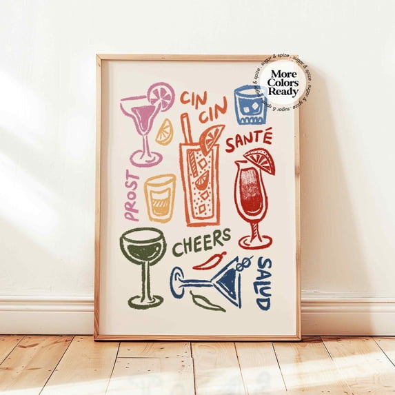 Cheers Glass Colorful Retro Cocktail Print, Stretched Canvas Size 12x18 ...