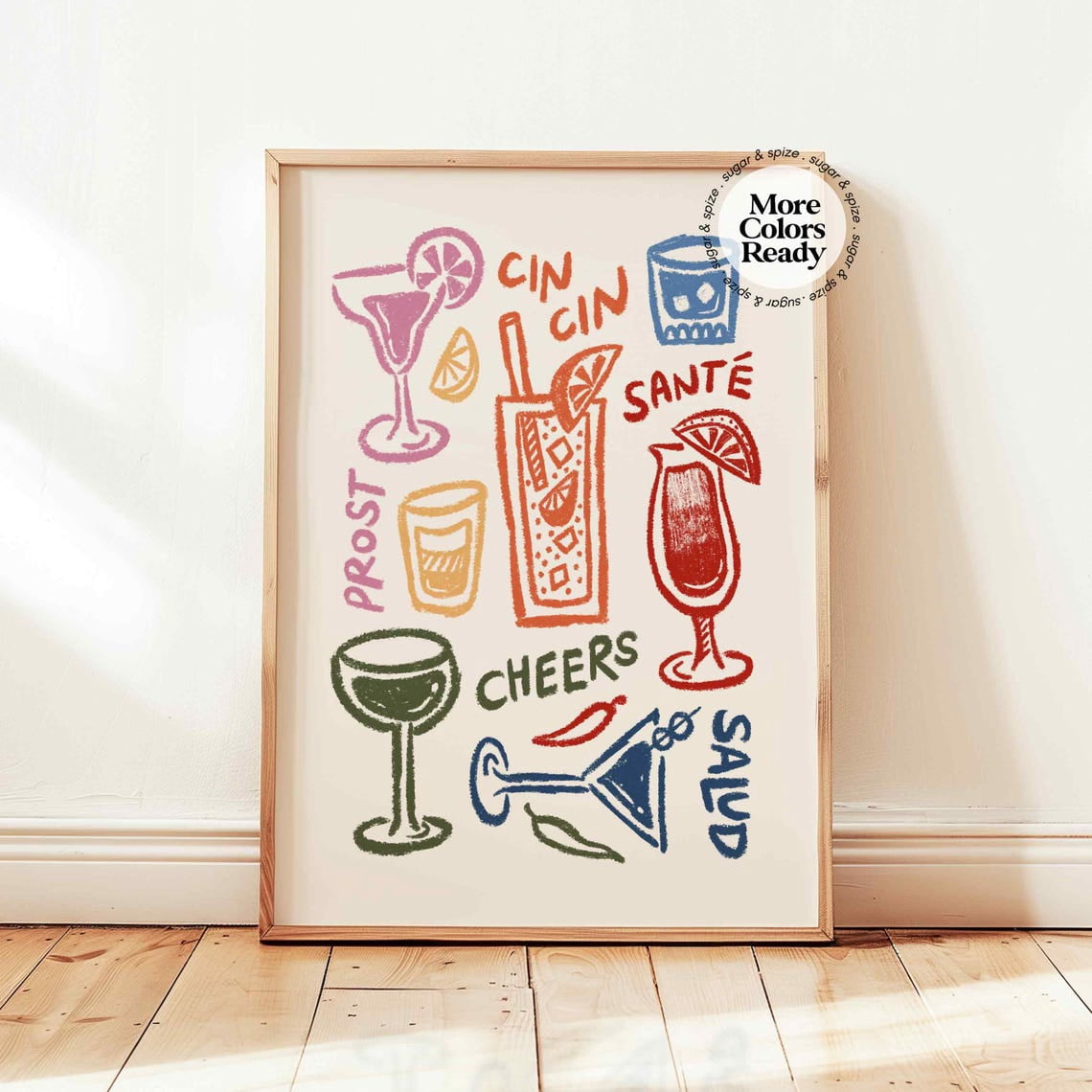 Cheers Glass Poster Colorful Retro Cocktail Funky Bar Cart Wall Art ...