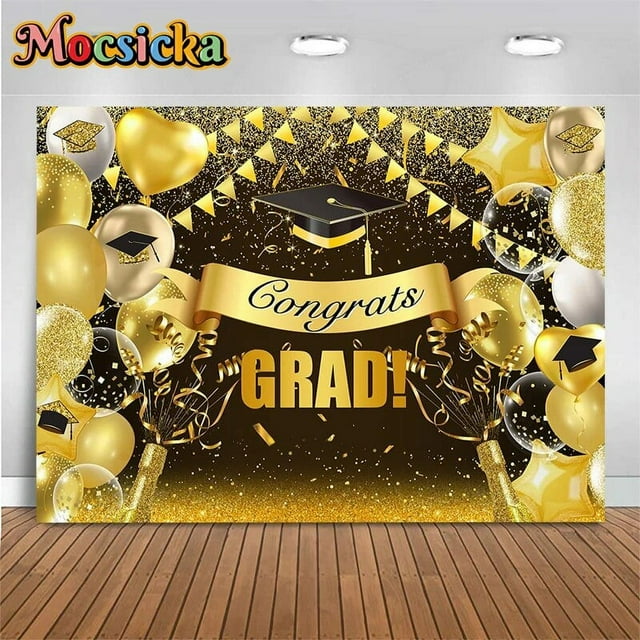 Cheers Graduation Backdrop Photography Black Bachelor Cap Gold Balloon ...