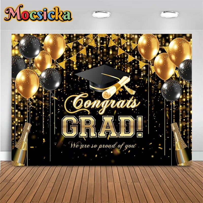 Cheers Graduation Backdrop Photography Black Bachelor Cap Gold Balloon ...