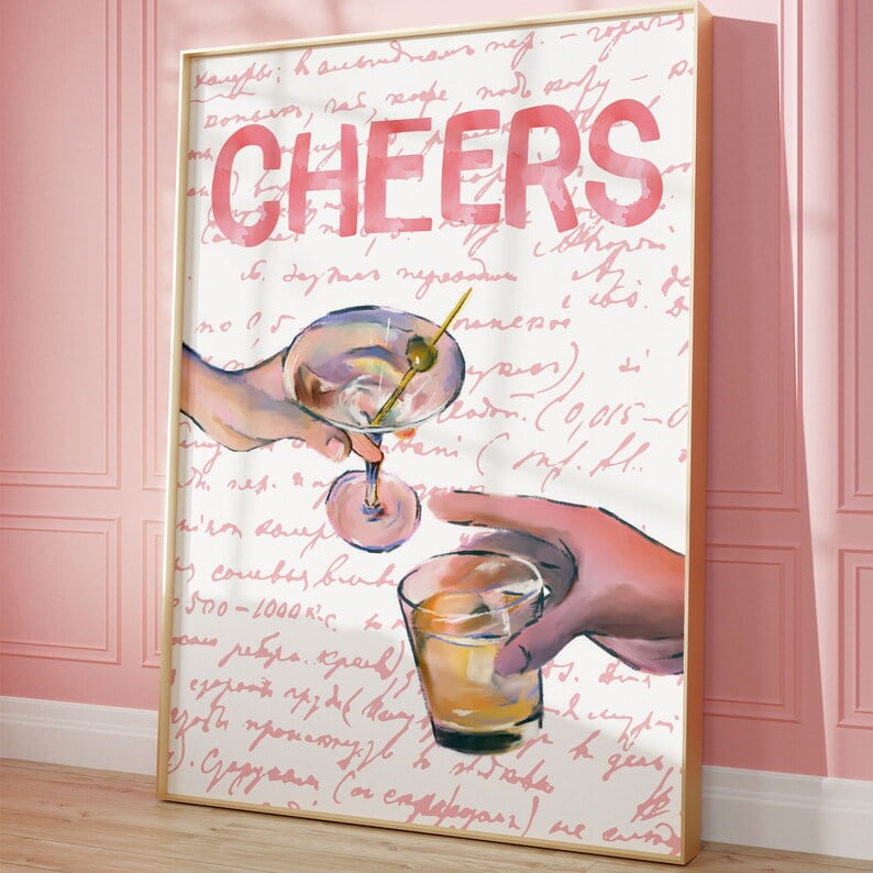 Cheers Pink Physical Print Colorful Cin Cin Salud Poster Retro Wine Art Funky Bar Cart Art ...