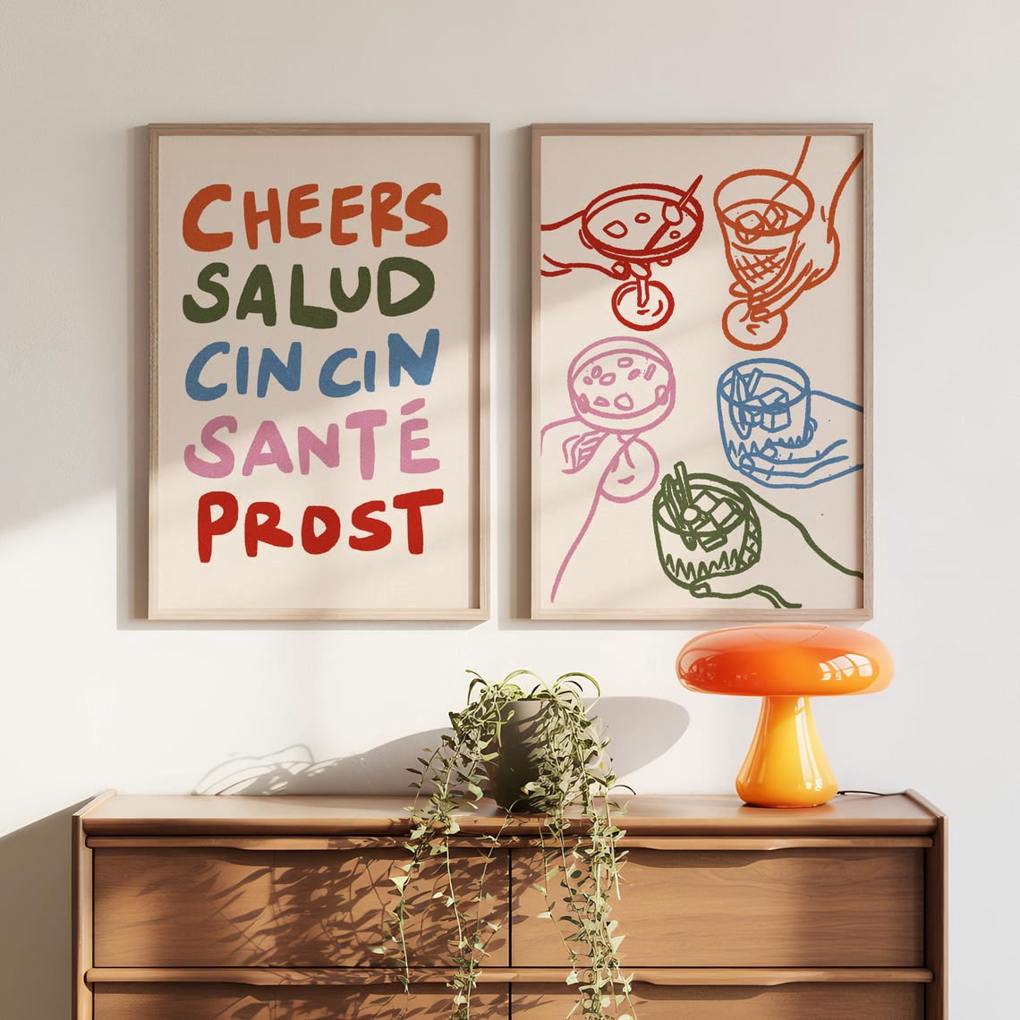 Cheers Print Colorful Bar Cart Posters Kitchen Happy Hour Wall Decor ...