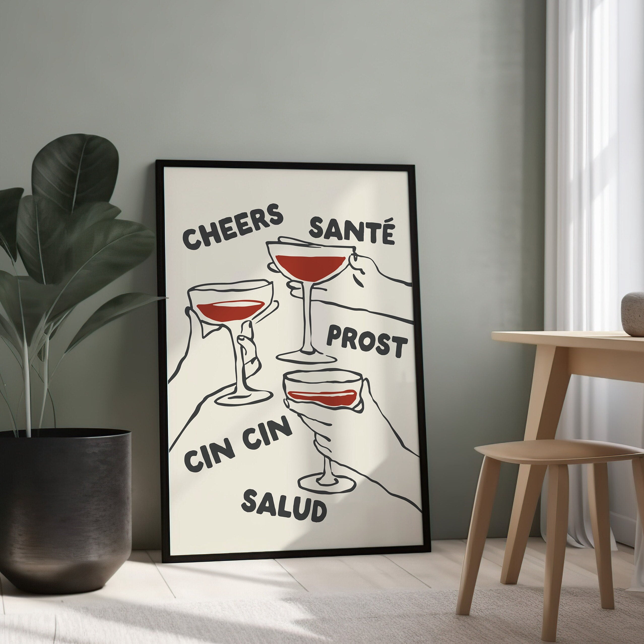 Cheers Print In Different Languages Retro Kitchen Bar Cart Art Poster ...