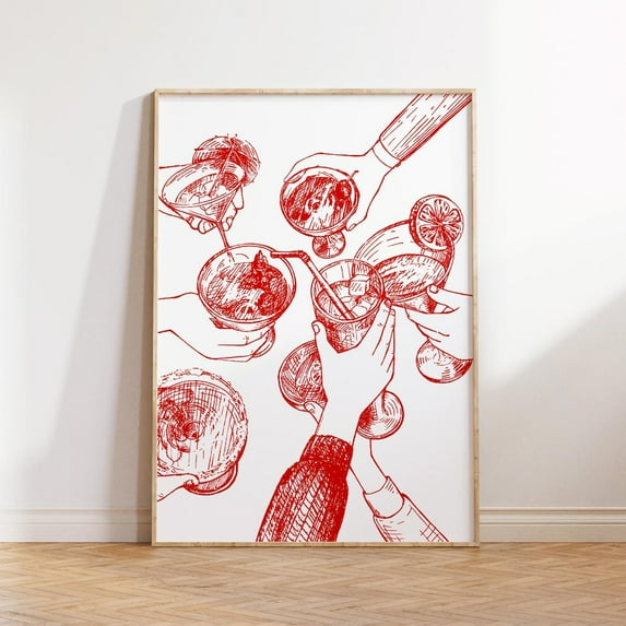 Cheers Print Red, Bar Cart Print, Trendy Wall Art, Retro Kitchen Poster ...