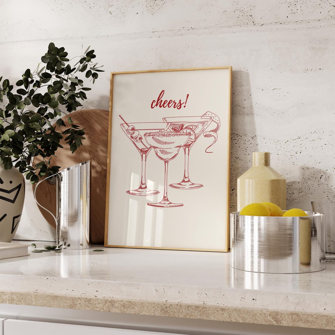 Cheers Print Red, Bar Cart, Trendy Wall Art, Retro Kitchen, Red ...