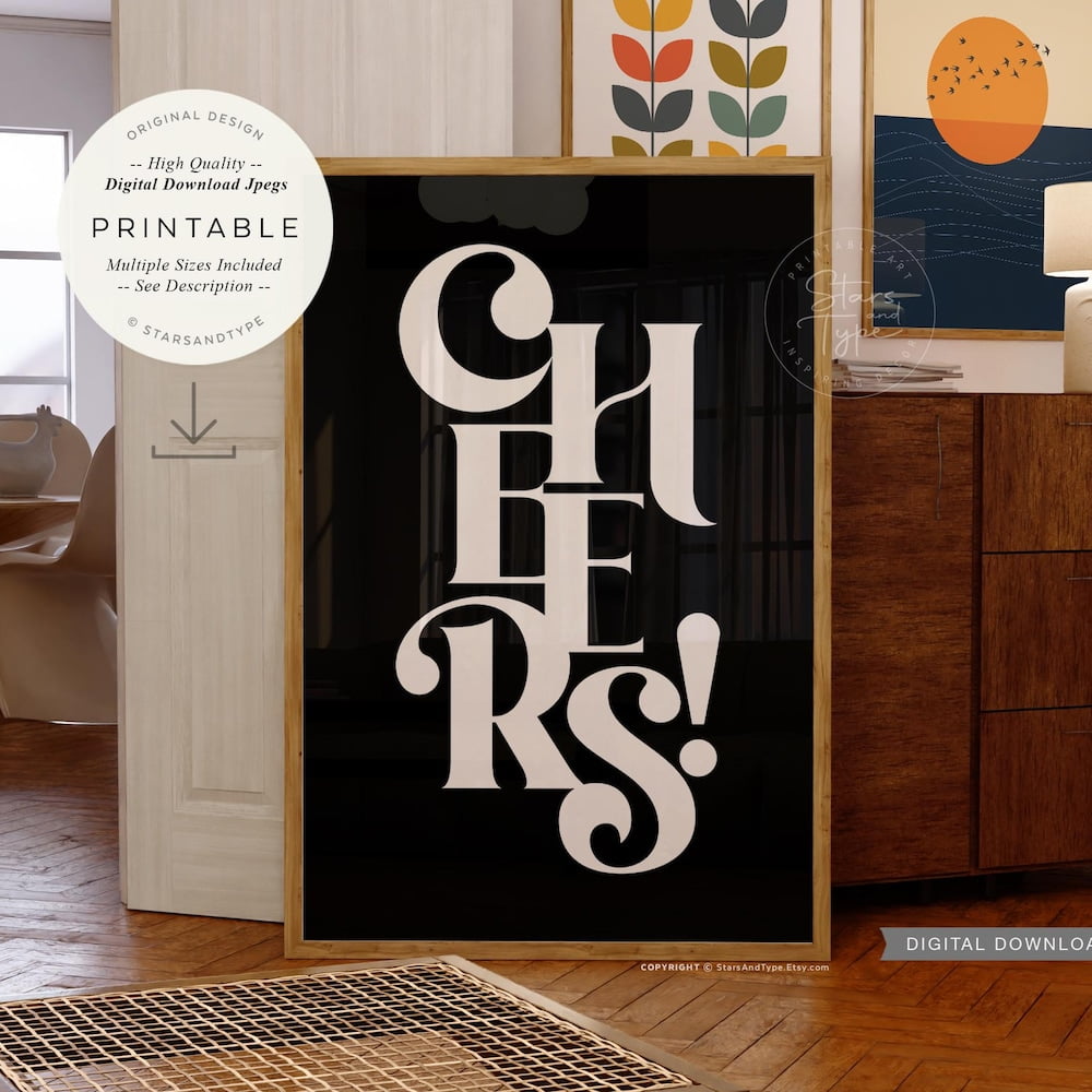 Cheers, Print Wall Art, Bar Cart Drinks Trolley Alcohol Drinking Quote ...
