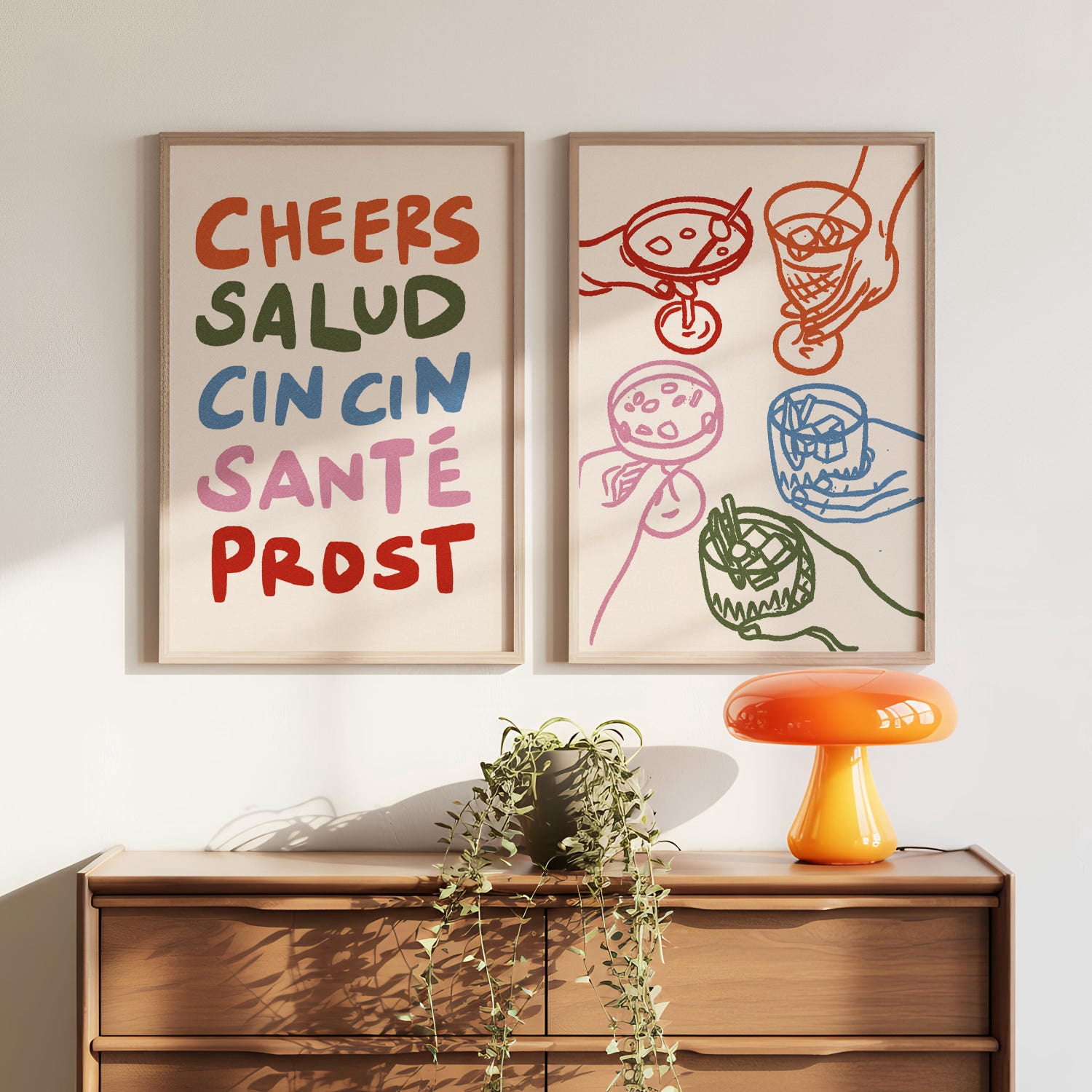 Cheers Printable Set Of 2, Colorful Kitchen Prints, Bar Cart Glasses ...