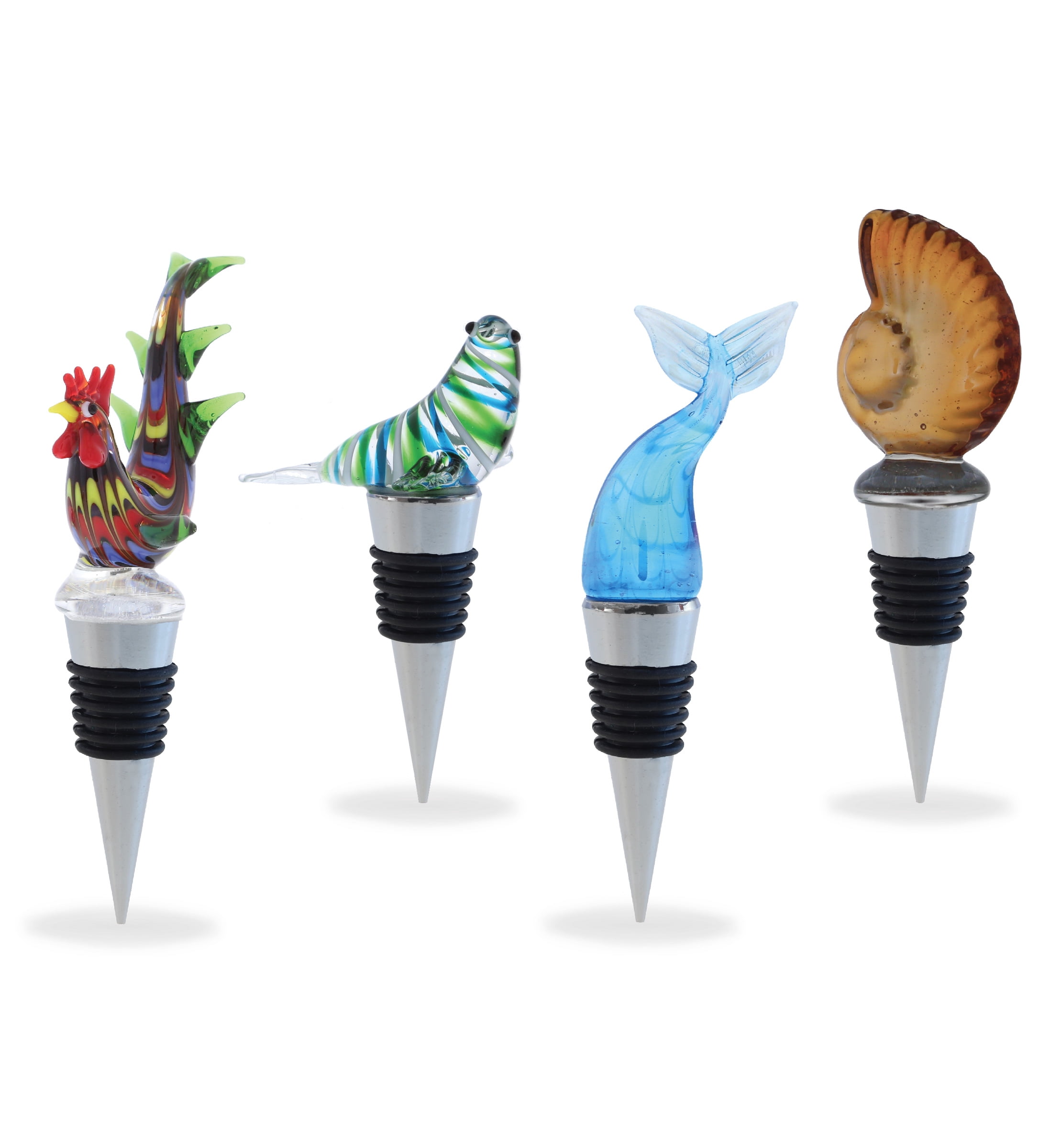 Cheers Rooster, Sea Shell, Mermaid Tail, Seal Glass Wine Stopper Set of ...