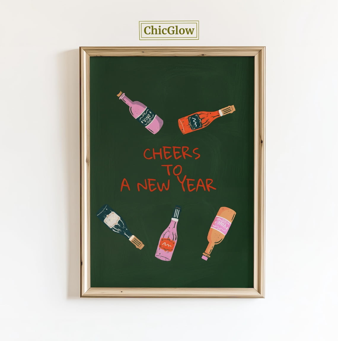 Cheers To A New Year Wall Art – Festive Wine Bottle Poster, Red And ...
