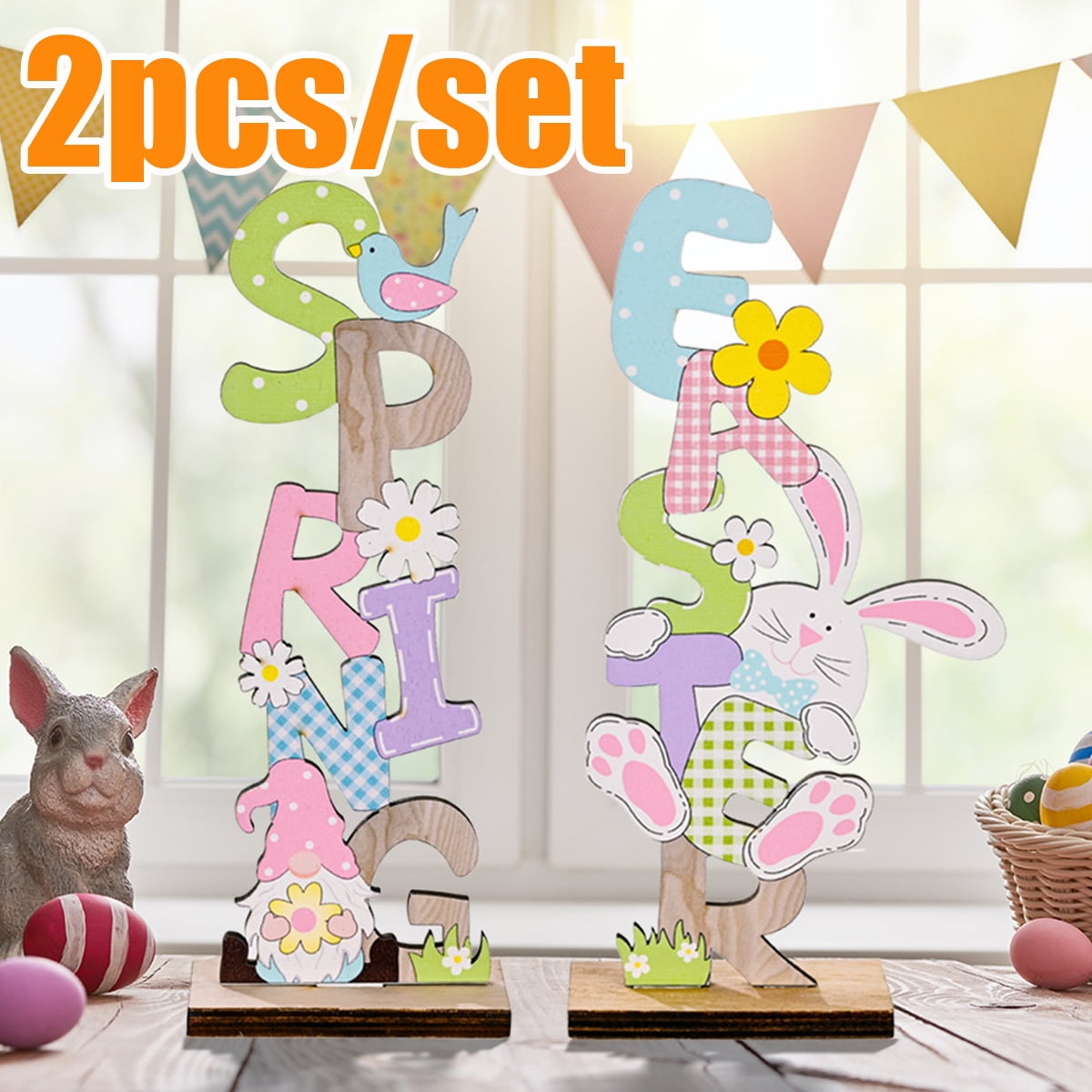 Cheers 2Pcs Easter Rabbit Wooden Table Centerpiece Decorations - Hello ...