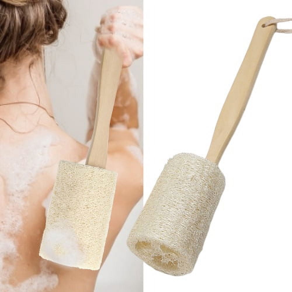 Cheers US 2pcs Loofah Back Scrubber for Shower Loofah on a Stick with Natural Loofah Sponge Exfoliating Body Sponge Scrubber With Long Wooden Handle