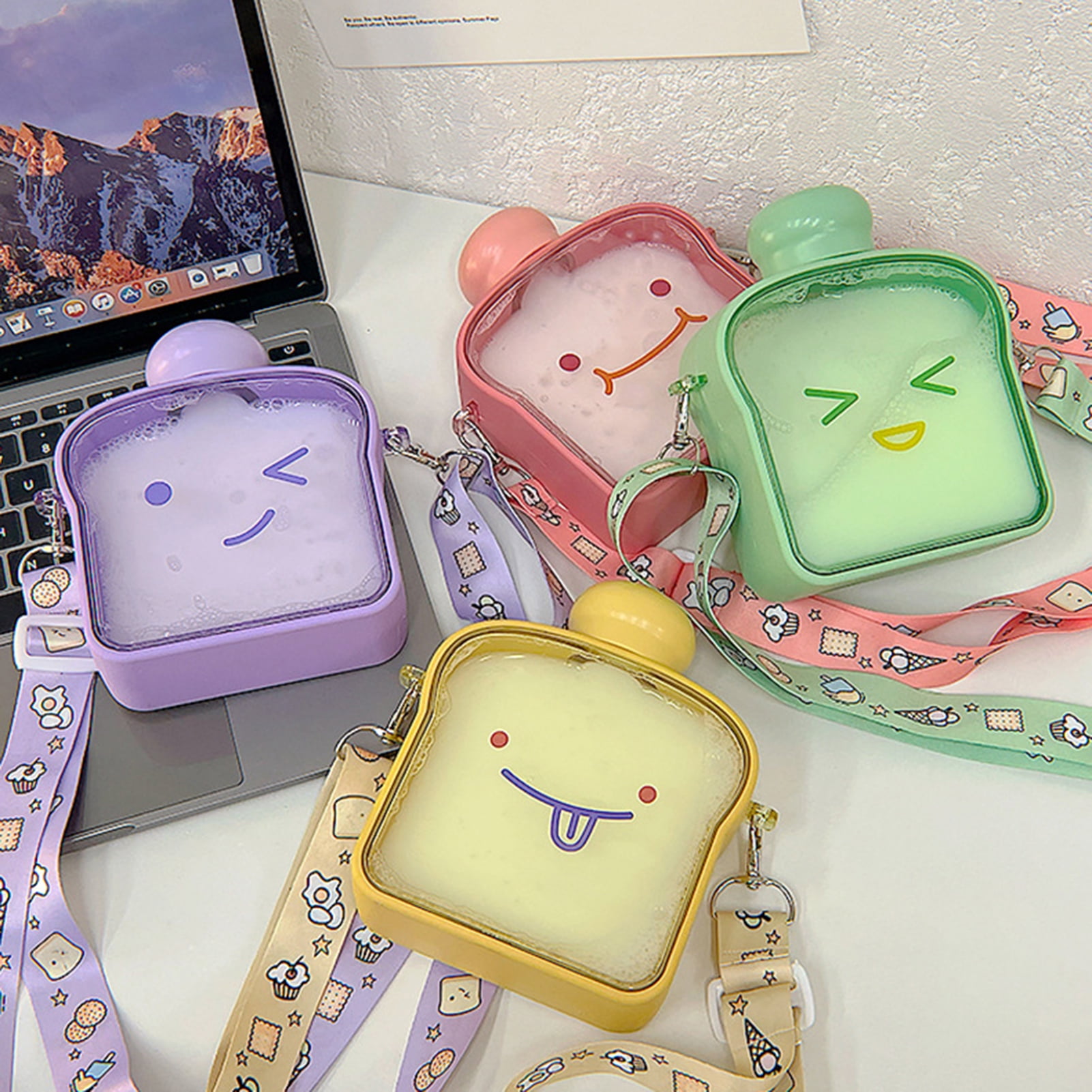 Cheers US 380ml Cute Water Bottle with Adjustable Shoulder Strap Kawaii Leakproof BPA Free ...