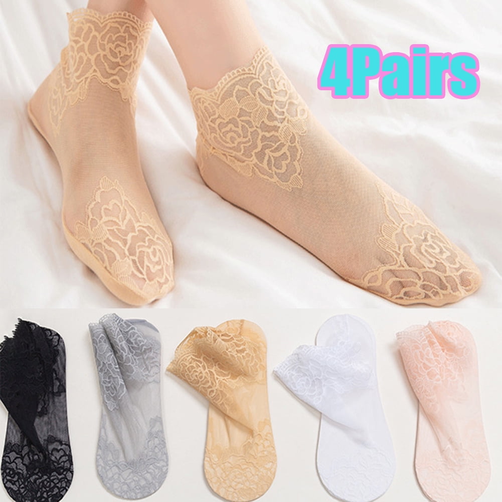 Cheers.US 4Pairs Women Rose Sheer Lace Socks Thin Transparent Elastic ...