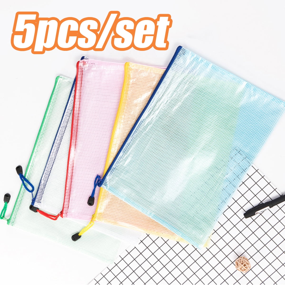 Cheers US 5Pcs/Set Mesh Zipper Pouch Document Bag, Plastic Zip File ...