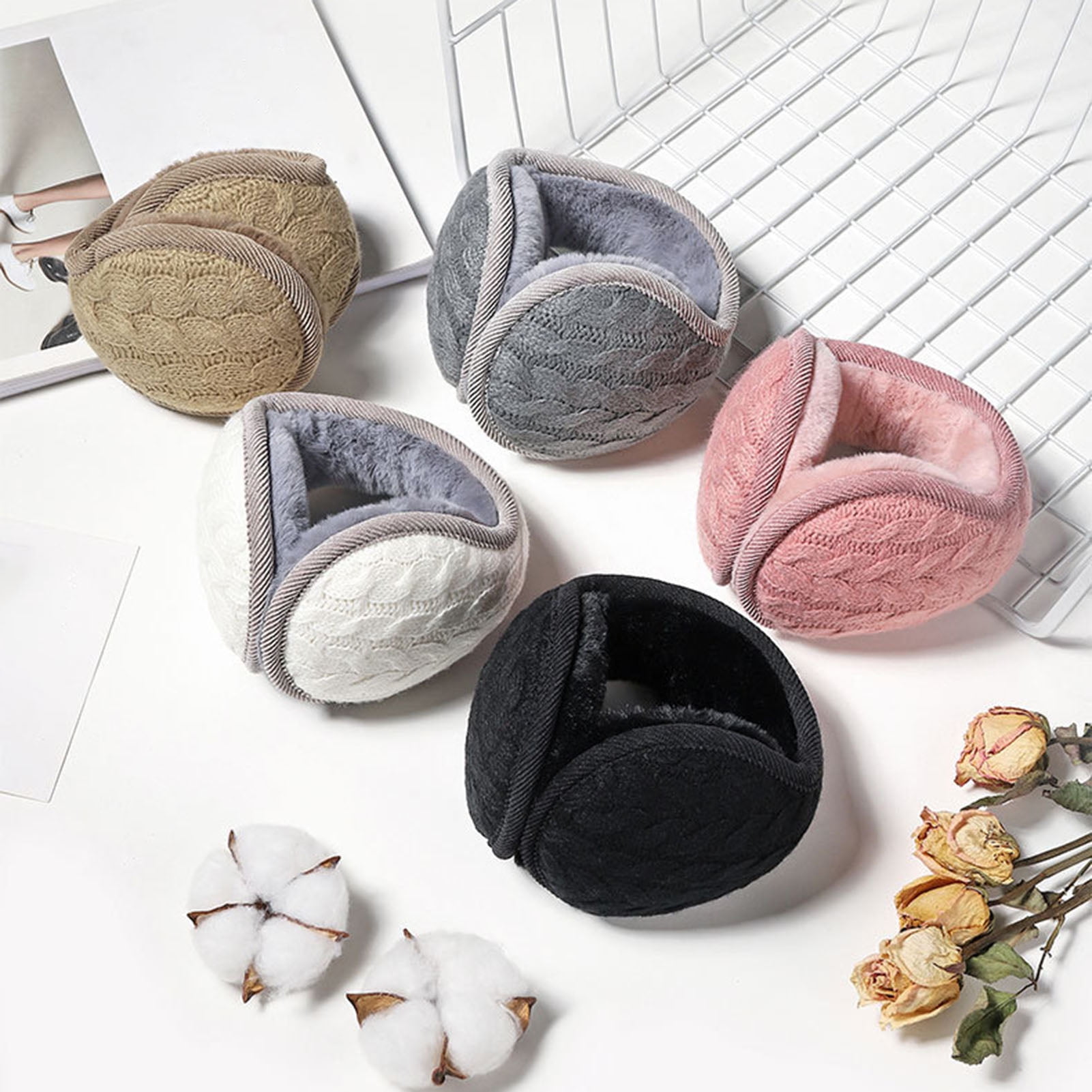 Cheers.US Foldable Ear Warmers Adjustable Knitted Earmuffs with Fuzzy ...