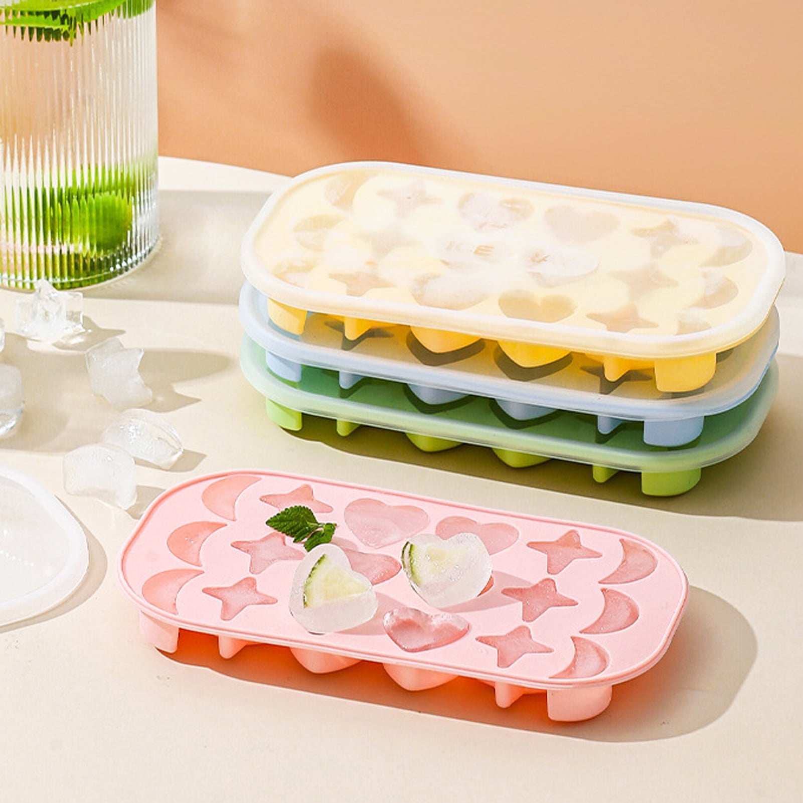 Cheers US Ice Cube Tray with Lid Stars Moons Love Hearts Shape Silicone ...