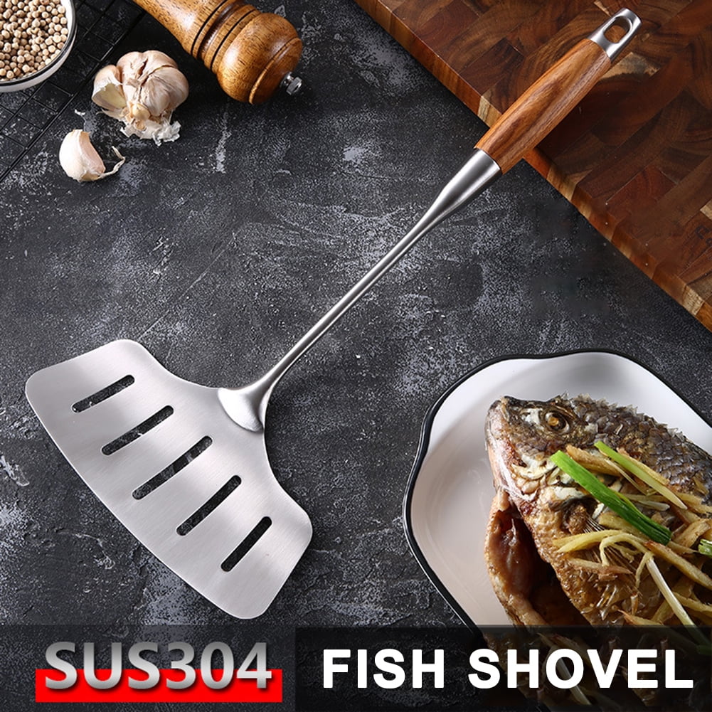Cheers.US Stainless Steel Fish Spatula with Wide Slotted Blade & Wooden ...