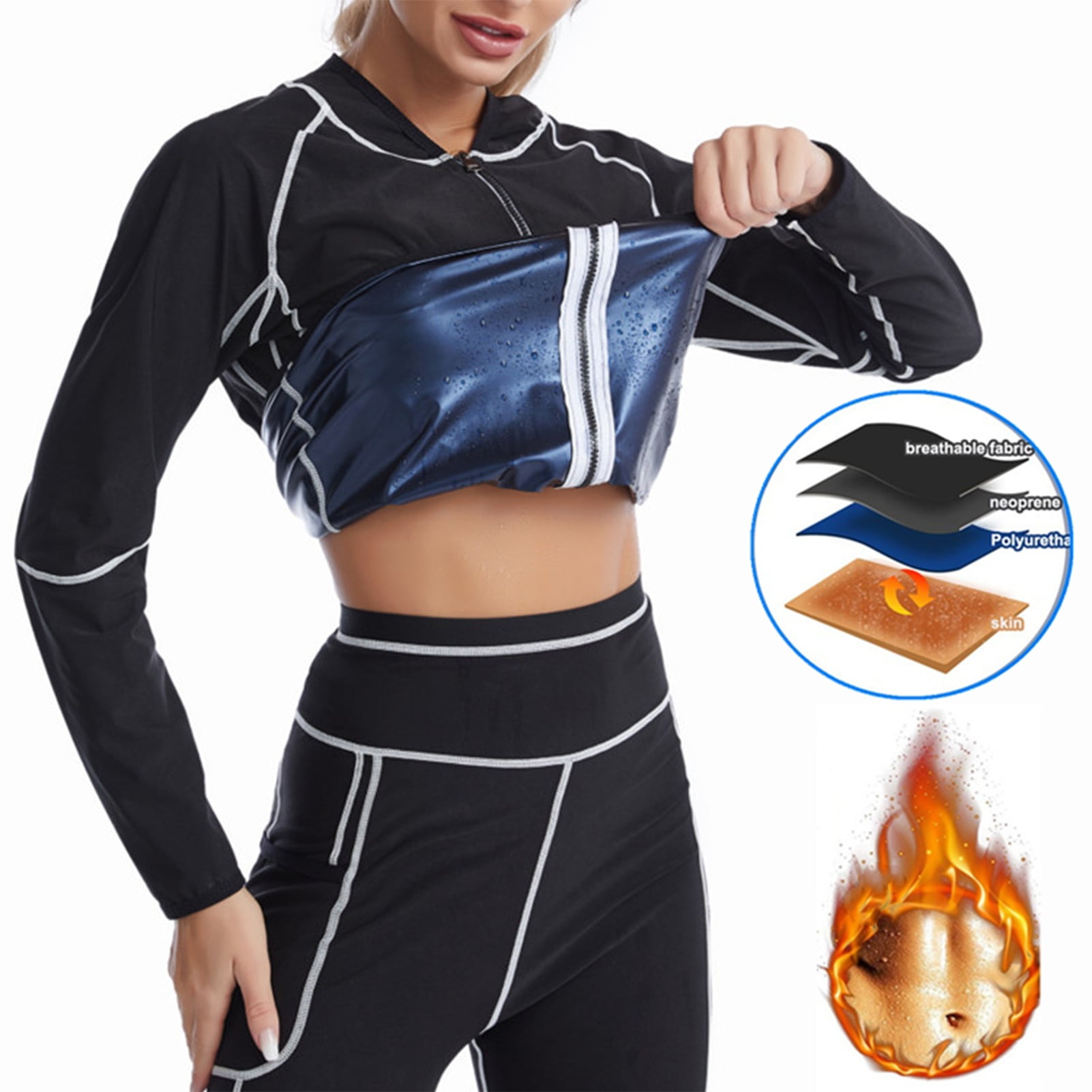 Cheers.US Women Sauna Jacket Slimming Sweat Sauna Suit Sauna Shirt Long ...