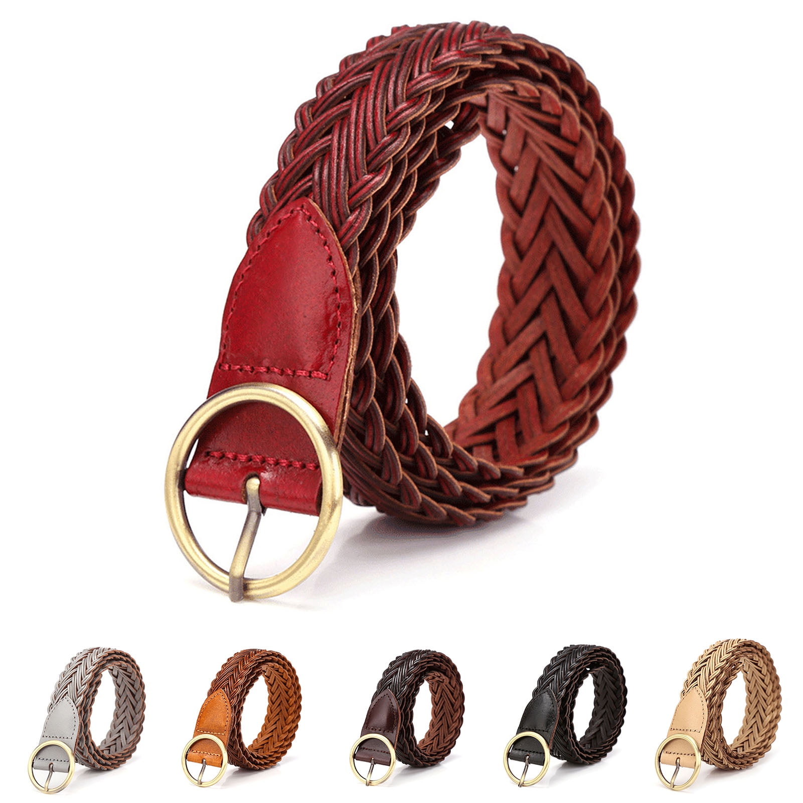 Cheers.US Women's Braided Leather Belt Skinny Woven Braided Belt O-Ring ...