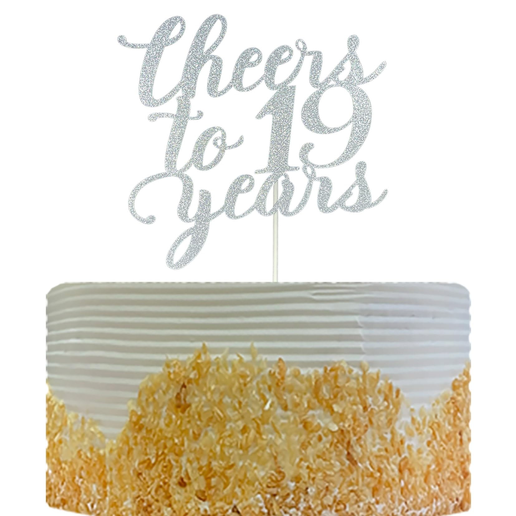 Cheers to 19 Years Cake Topper, RST1 Double sided Silver Glitter Cake ...