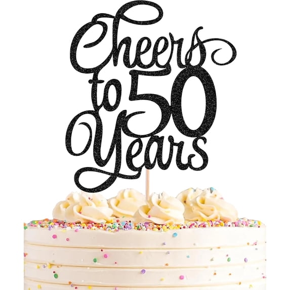 Cheers to 50 Years Cake Topper, Black Glitter Cursive Script Cake Pick ...