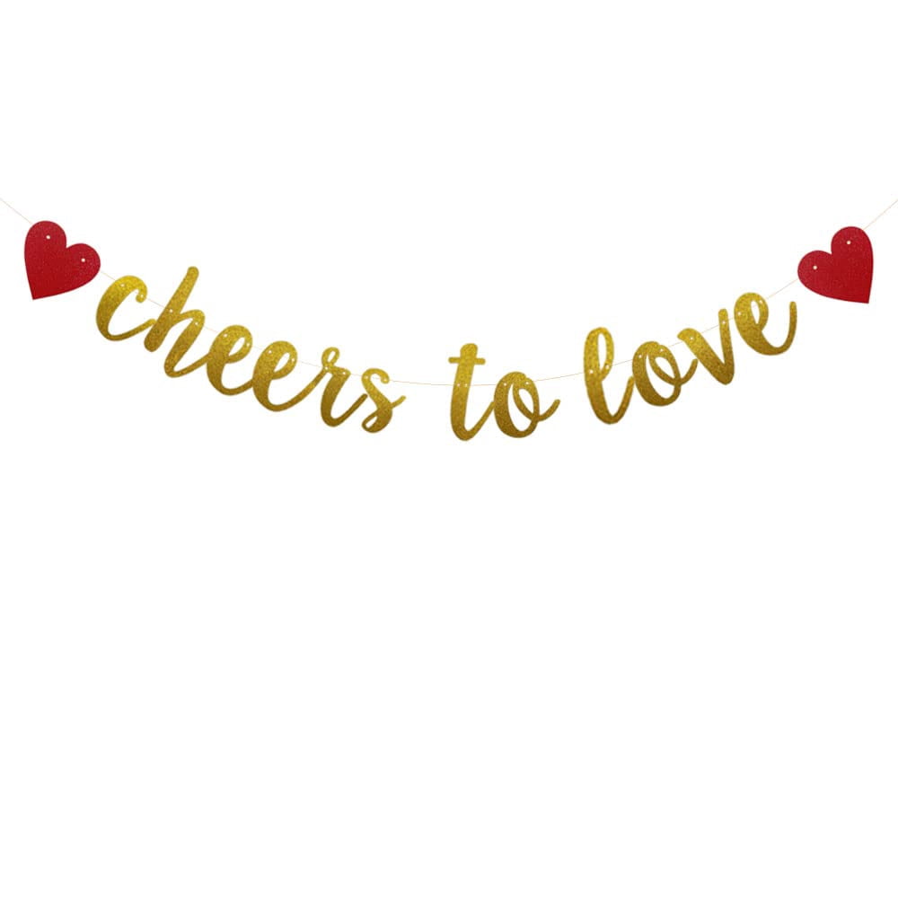 Cheers to Love Gold Glitter Banner, Red Heart Garland, Wedding Bridal ...