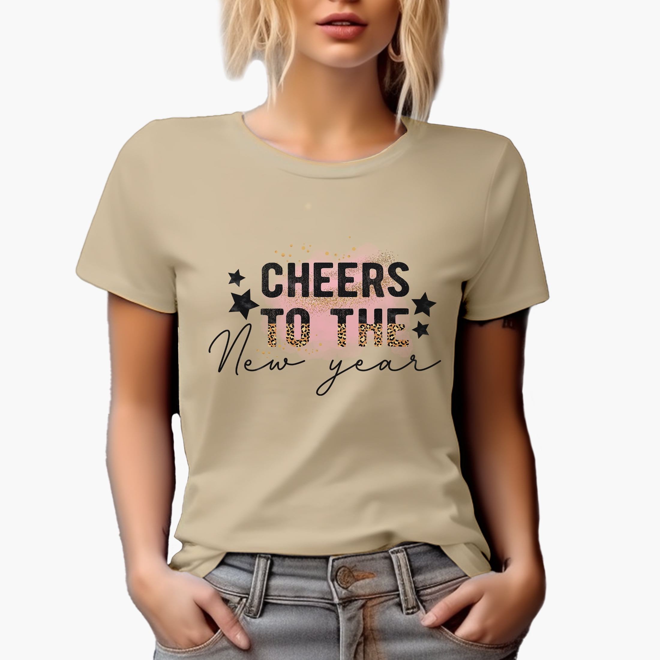 Cheers to the New Year with Leopard Print & Glitters Art Merch Gift, Tan T-Shirt, Large ...