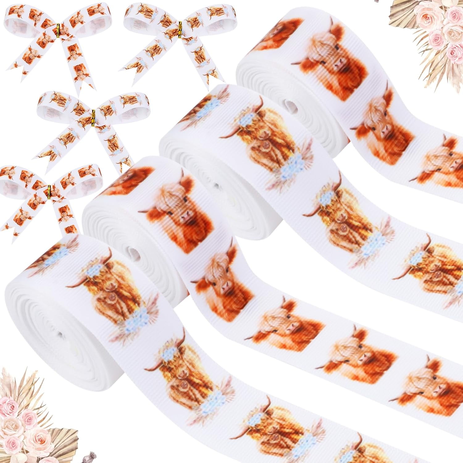 Cheerupp 4 Rolls Highland Cow Themed Ribbons, 20 Yards Highland Cattle ...