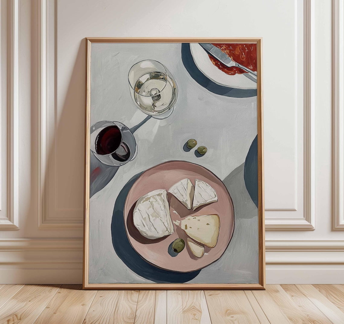 Cheese And Wine Poster Modern Still Life Minimalist Mediterranean Art ...