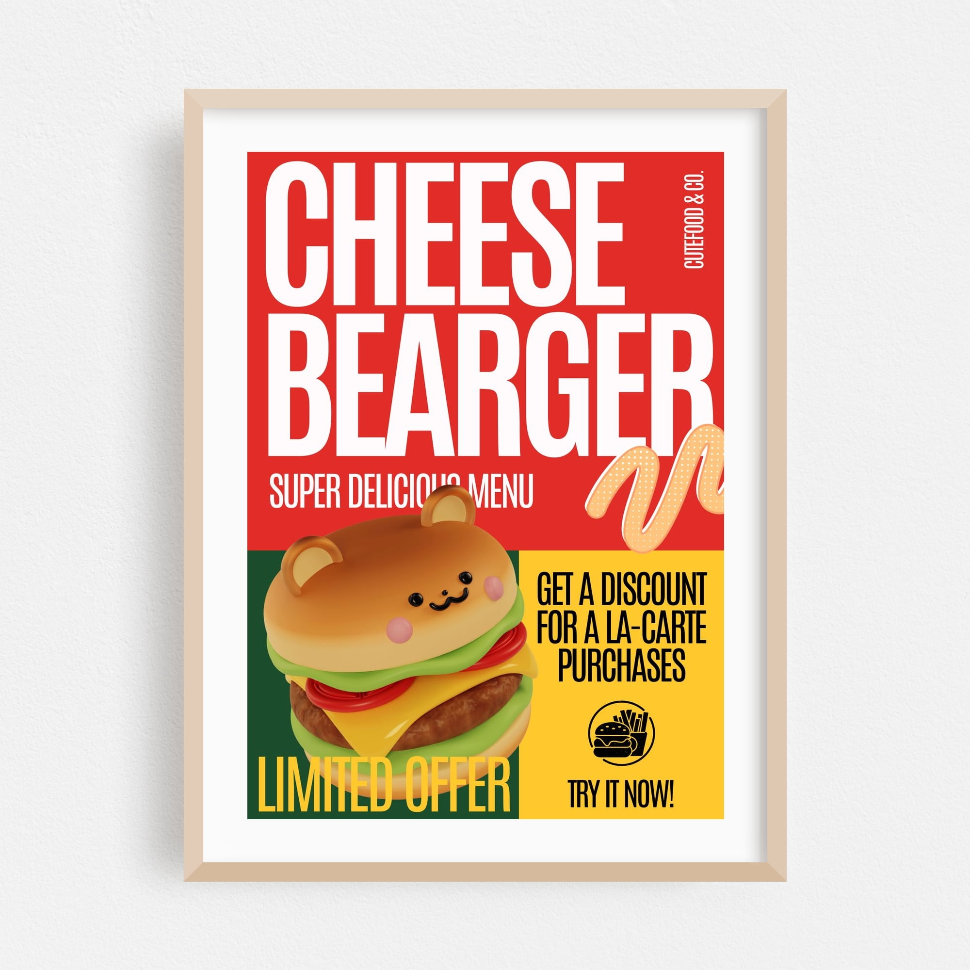 Cheese Bearger Offer - Typography Humor Pop Art Illustration Oak Framed ...