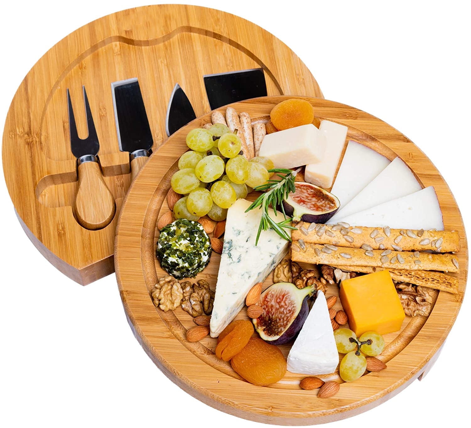 Bamboo Cheese Board with Knife Set – Round Charcuterie Board, Serving Tray, Platter, Wood Cheese ...