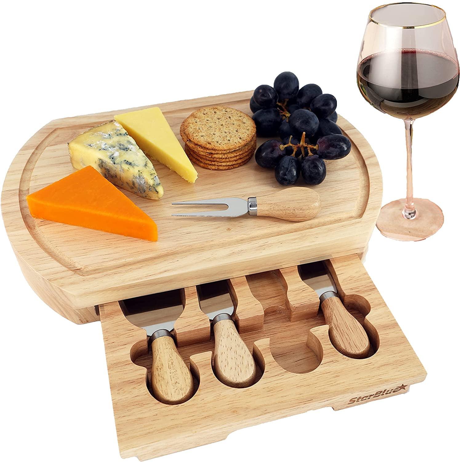 Cheese Board Set by StarBlue - with 4 Knives and Slide Out Drawer ...