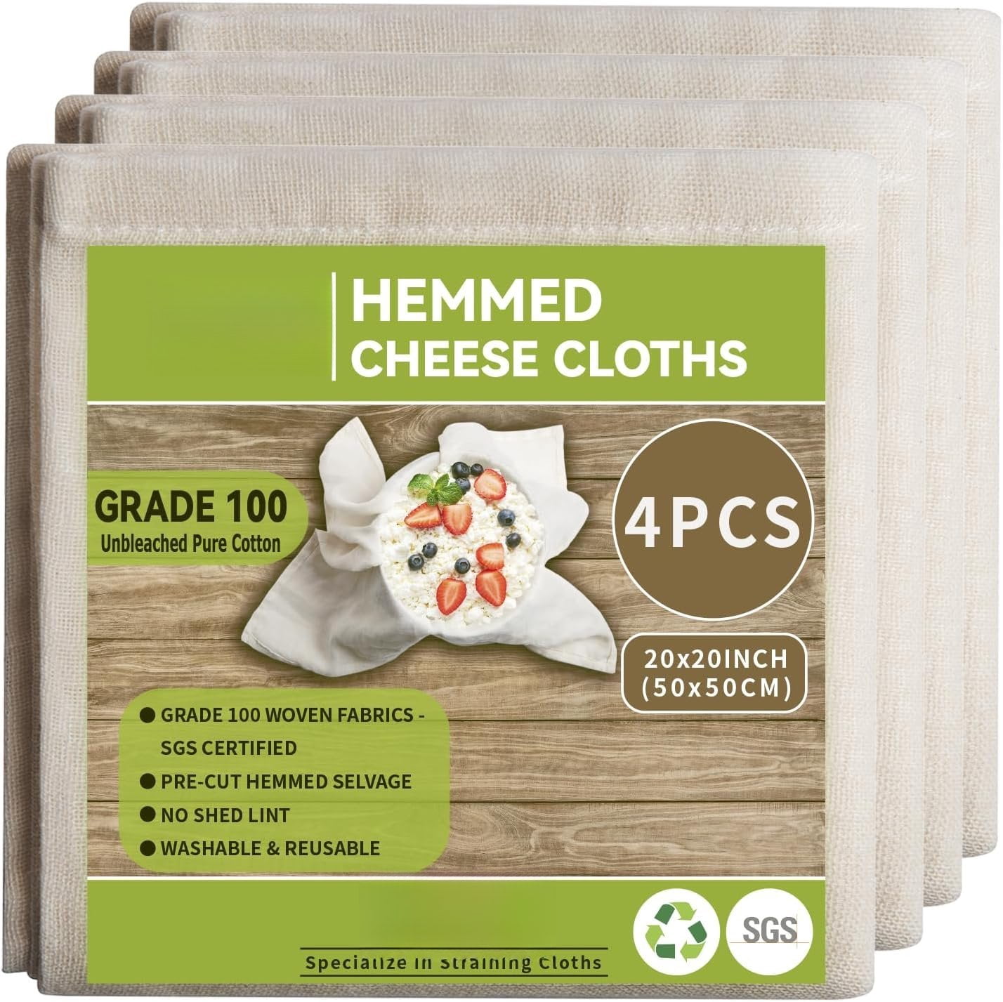 Cheese Cloths, 4 count, Grade 100,20x20Inch Hemmed Fabric Fine Mesh ...